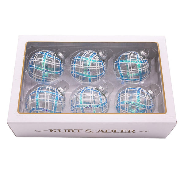 Kurt Adler 80MM Plaid Light Blue and Clear Glass Ball Ornaments, 6 Pie ...